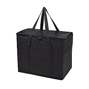 Lukery Insulated Reusable Grocery Bag with Zipper, Collapsible Cooler Bag Tote Heavy-Duty Insulated Food Pizza Delivery Bag, Shopping Bags for Groceries & Frozen Foods (16"x 9"x 13",Black)