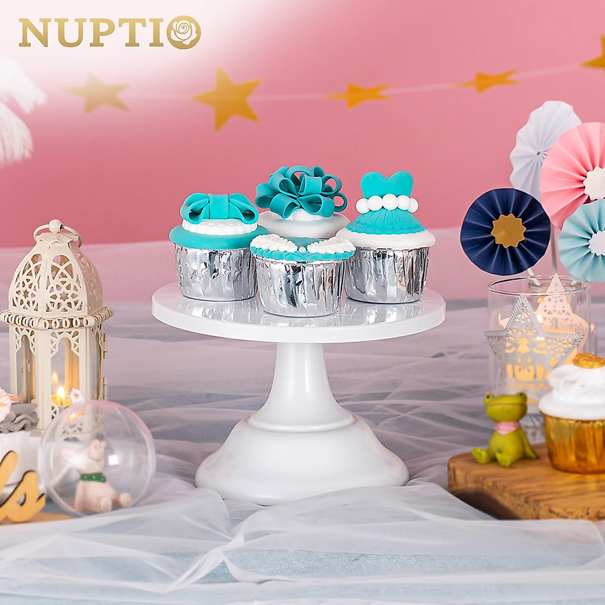 NUPTIO White Cupcake Stand Wedding: Cake Holder Dessert Pedestal Stands Metal Display Trays for Desserts Round Serving Plate for Birthday Party Christmas Anniversary Baby Shower 7.87 Inch / 20cm