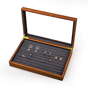 Oirlv Solid Wood Jewelry Display Box Rings Earrings Organizer Case with Acrylic Lid Vintage Gift for Women