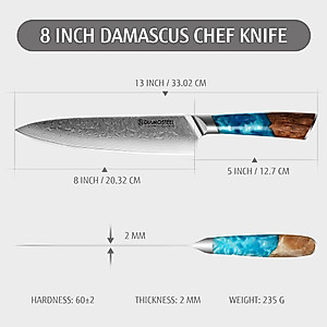 diamosteel Professional Japanese Chef Knife 8", Ultra Sharp Damascus Steel Knife with Blue Resin Handle, Gyuto Chef Knife for Meat & Vegetable Cutting