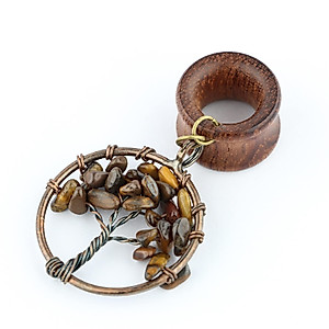 0G 8mm Tigereye Stone Tree of Life Wood Dangle Ear Gauges Piercing Flesh Tunnels Plugs Stretching Kit Expander