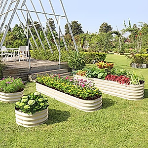 T4U Round Raised Garden Bed,2ft X 2ft X 0.9ft Zinc-Aluminum-Magnesium Stainless Steel Durable Metal Planter Box, Outdoor Planter Garden Bed for Vegetables Flowers Fruits Herb etc(Ivory White)