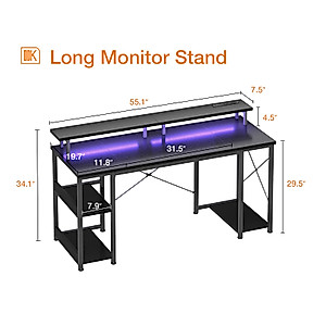 ODK 55 inch Gaming Desk with LED Lights & Power Outlets, Computer Desk with Monitor Stand & Storage Sheves, CPU Stand, Home Office Desk, Black