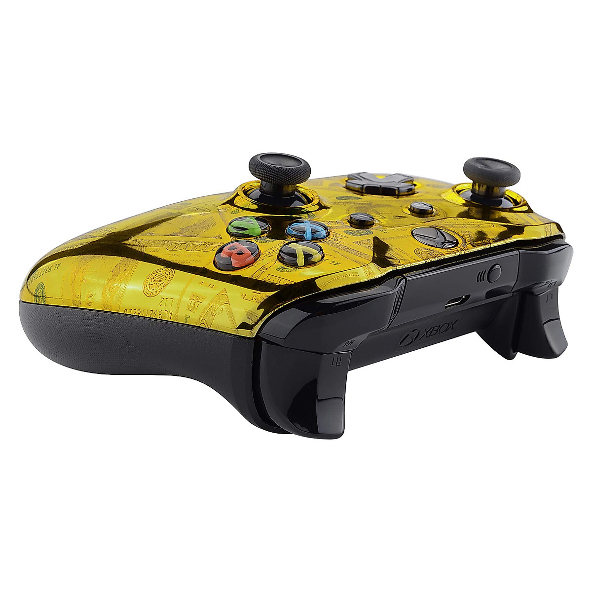 eXtremeRate Chrome Gold 100 Cash Money Dollar Front Housing Shell Case, Glossy Patterned Faceplate Cover Replacement Kit for Xbox One S & One X Controller (Model 1708)