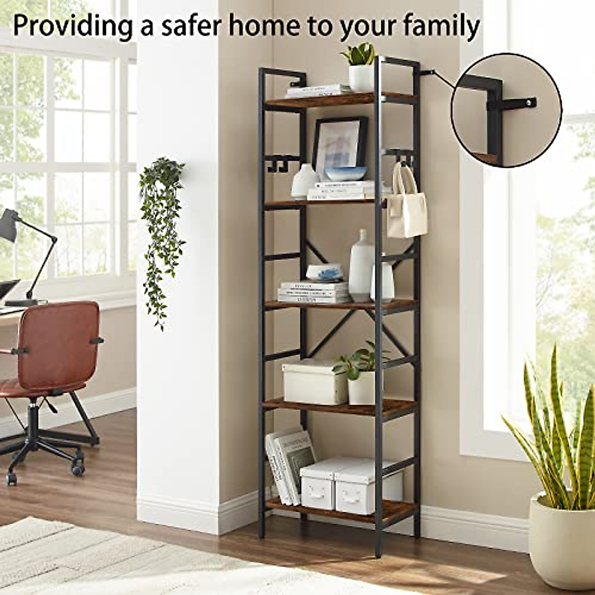 Luckyeestar 5 Tier Tall Bookshelf, Bookcase Shelf Storage Organizer, Modern Book Shelf for Bedroom, Living Room and Home Office, Wood & Metal (Rustic Brown)