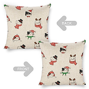 Happy Face Cats Christmas Throw Pillow Covers 18×18 Pillowcases Set of 2 Winter Doodles Linen Decorative Square Pillow Case Cushion Covers Standard Size for Sofa Couch Outdoor Bed Pillow Protectors