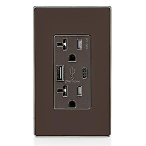 Leviton T5833-B Type A & Type-C USB In-Wall Charger with 20A Tamper-Resistant Outlet, USB Charger for Smartphones and Tablets. Not for Laptops, Brown