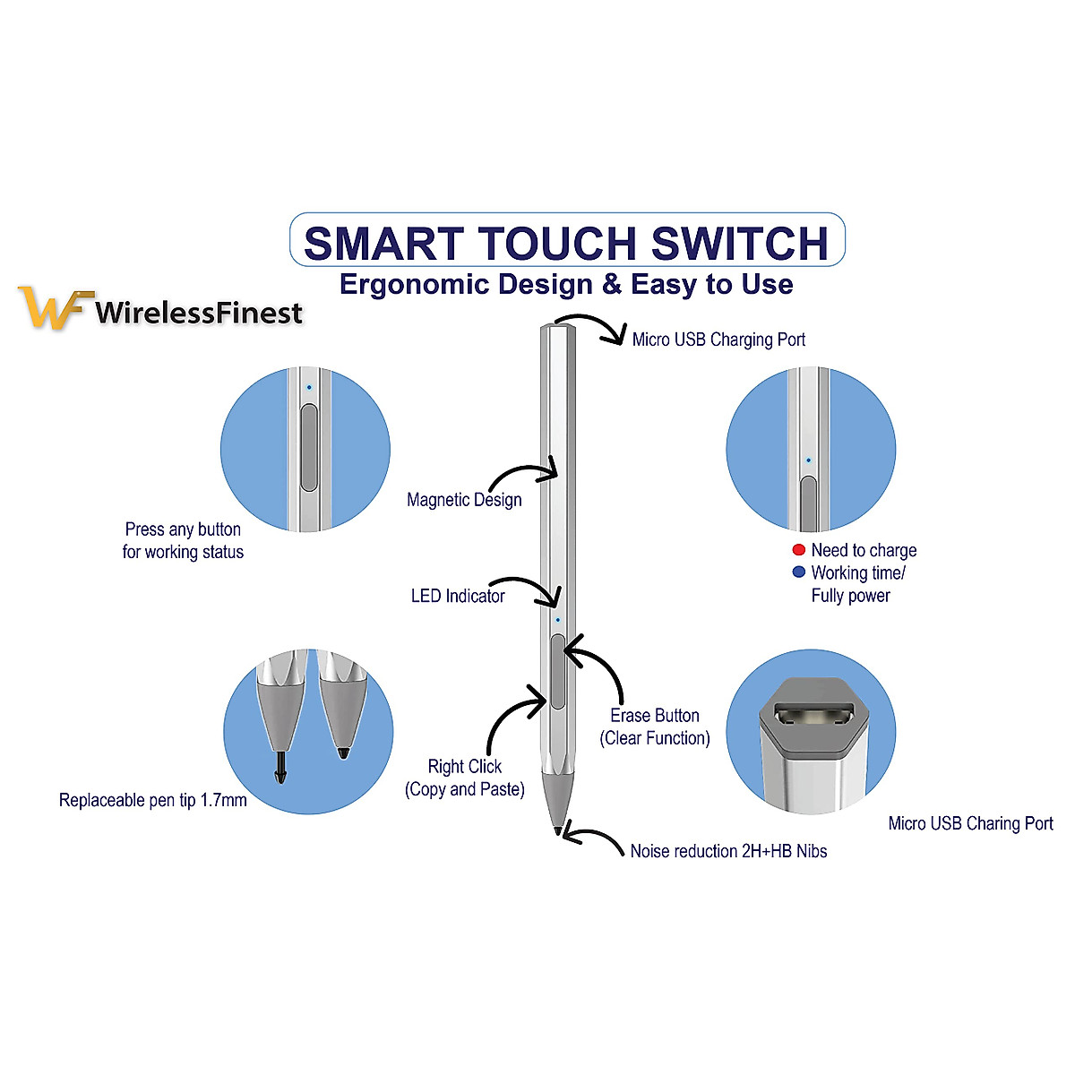 4096 Pressure Stylus Pen for Microsoft Surface Pro 9/8/7/6/5/4/3/X Surface Laptop Book Studio Surface 3/Go3/Go2/Go Pen Protocol, Magnetic Hold, Erase Copy Paste+Tilt&Palm Rejection Function (Silver)