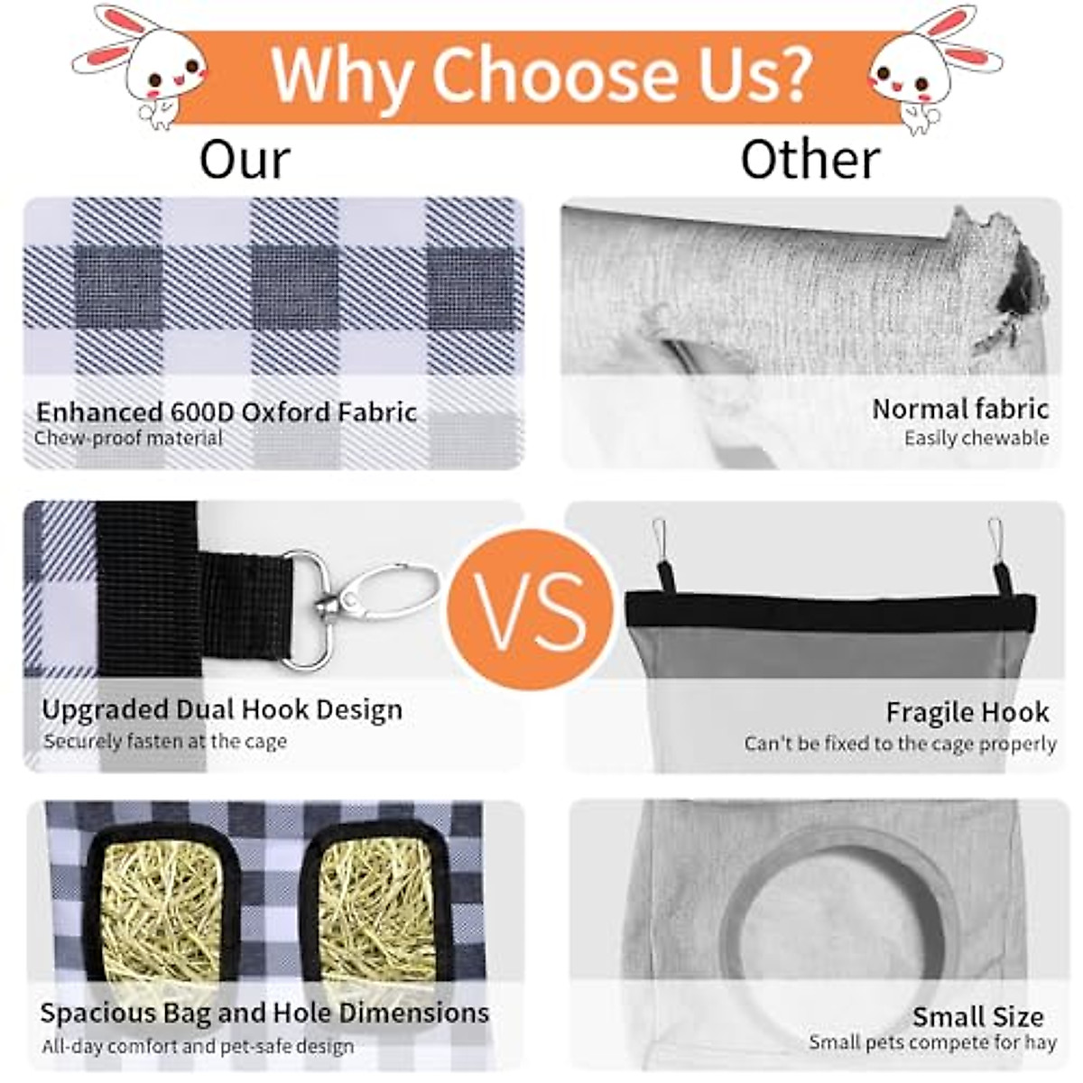 Xylitic Rabbit Hay Feeder Bag, 2 Holes Guinea Pig Hay Feeder, 600D Oxford Cloth Fabric Hay Bag for Rabbits, Hanging Bunny Hay Feeders, Large Capacity Rabbit Hay Bag for Guinea Pigs Chinchillas