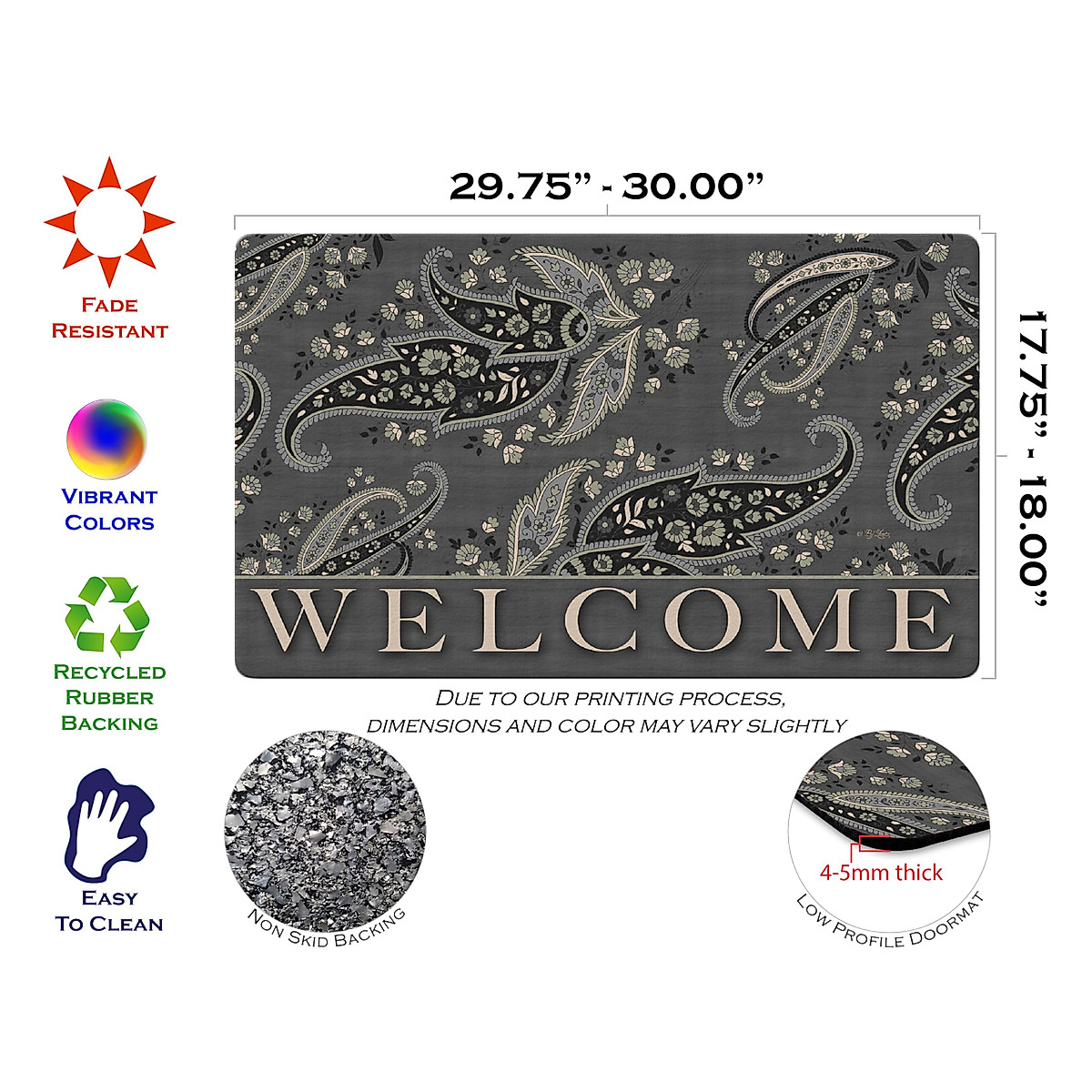 Toland Home Garden 800381 Charcoal Stained Paisley- Welcome French Paisley Door Mat 18x30 Inch Outdoor Doormat for Entryway Indoor Entrance