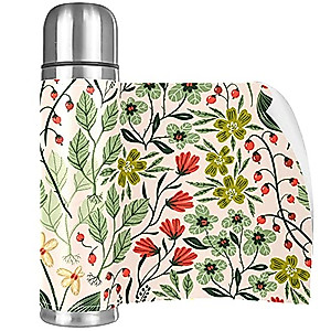 Summer Floral Pattern with Colorful Plants and Flowers Vacuum Insulated Water Bottle Stainless Steel Thermos Flask Travel Mug Coffee Cup Double Walled 17 OZ