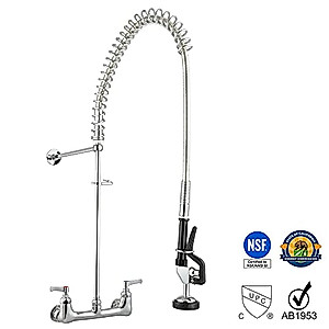 Aquaterior 41" Height Commercial Kitchen Sink Faucet Pre-Rinse Wall-Mount Faucet Double Handle Brass with Pull Down Fit for 2/3 Compartment Sink CUPC NSF ANSI CEC