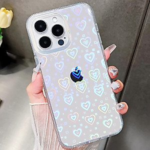 SmoBea Compatible with iPhone 14 Pro Max Case (No Fit iPhone 14 Plus), Holographic Laser Bling Heart Soft & Flexible TPU and Hard PC Shockproof Cover Women Girls Phone Case (Heart/Clear)