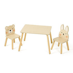 OOOK Kids Wood Table and Chair Set - Including 2 Animal Chairs - Waterproof Desktop - Adorable Toddler Table Chairs Set for Eating, Snack Time and Play Games