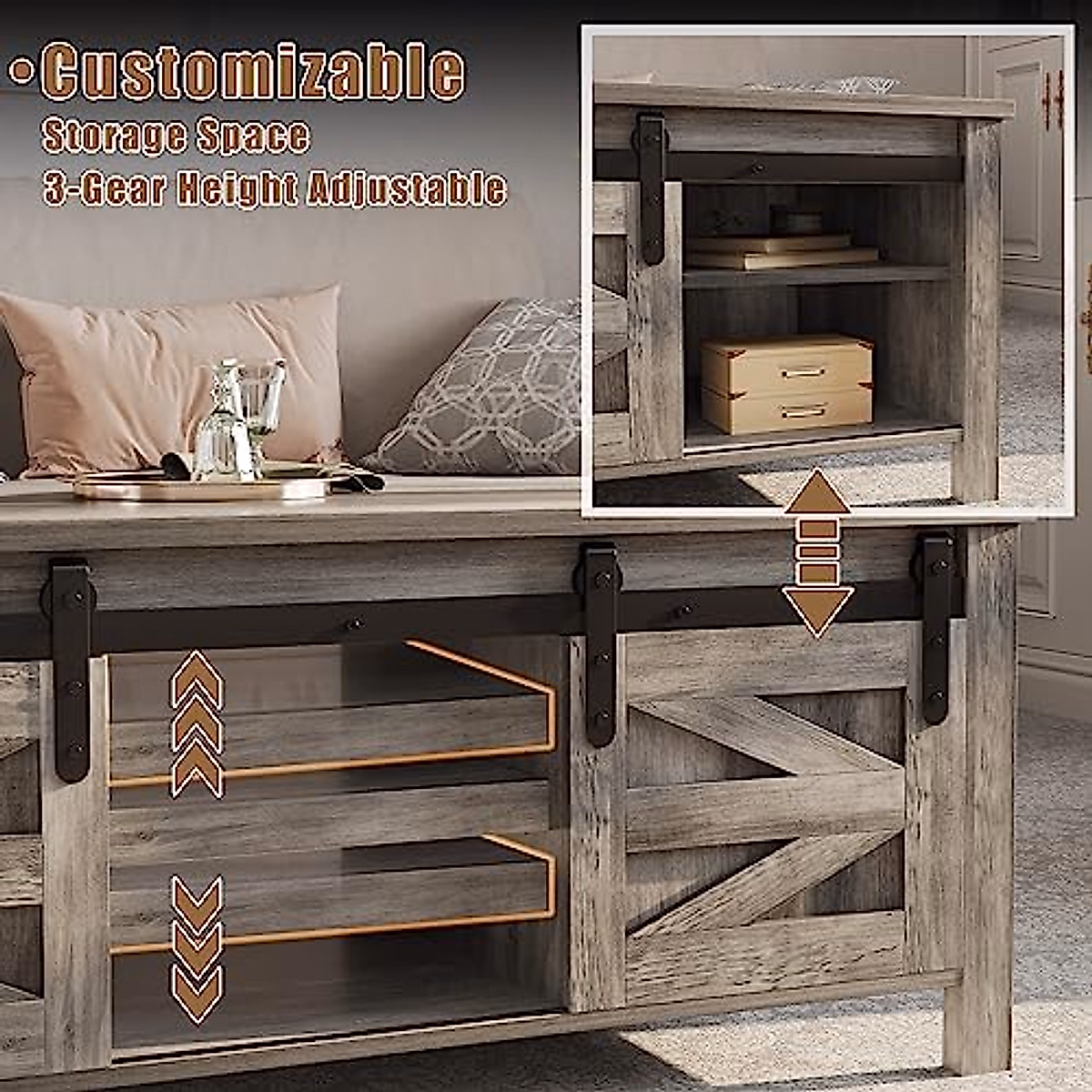 Furmax Coffee Table with Storage and Sliding Barn Doors, Farmhouse Living Room Table with Adjustable Shelves, Wood Rustic Center Table for Home Living Meeting Room (Light Rustic Oak)