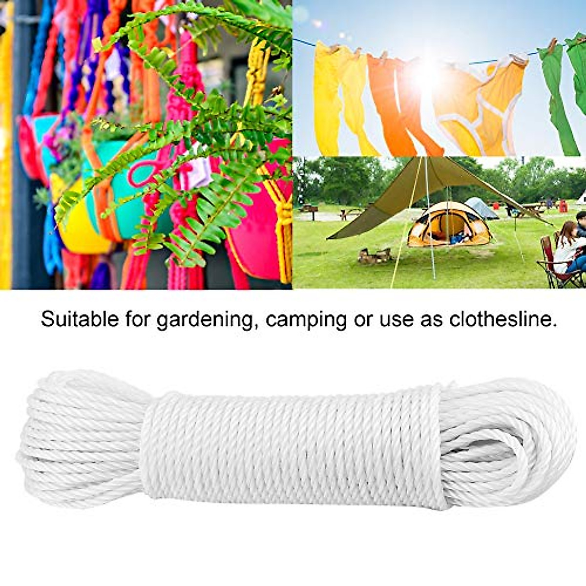 Beufee 20m Clothesline, Camping Clothesline, Durable Travel Clothes Line Rope, Portable Clothes Drying Line Outdoor Climbing Rope for Garden Camping(White)
