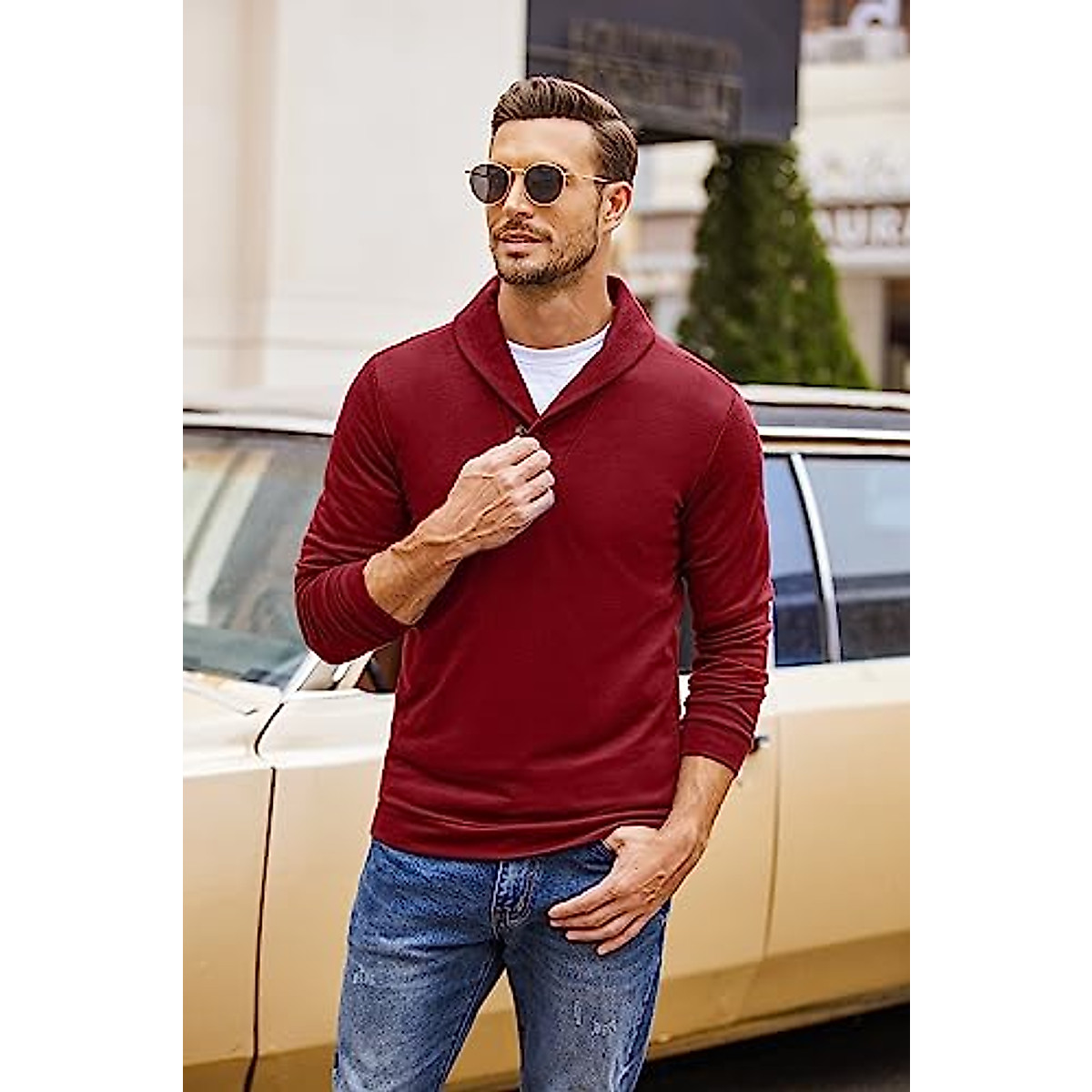 COOFANDY Men's Casual Shawl Collar Sweater Long Sleeve Pullover Wine Red L Wine Red Large