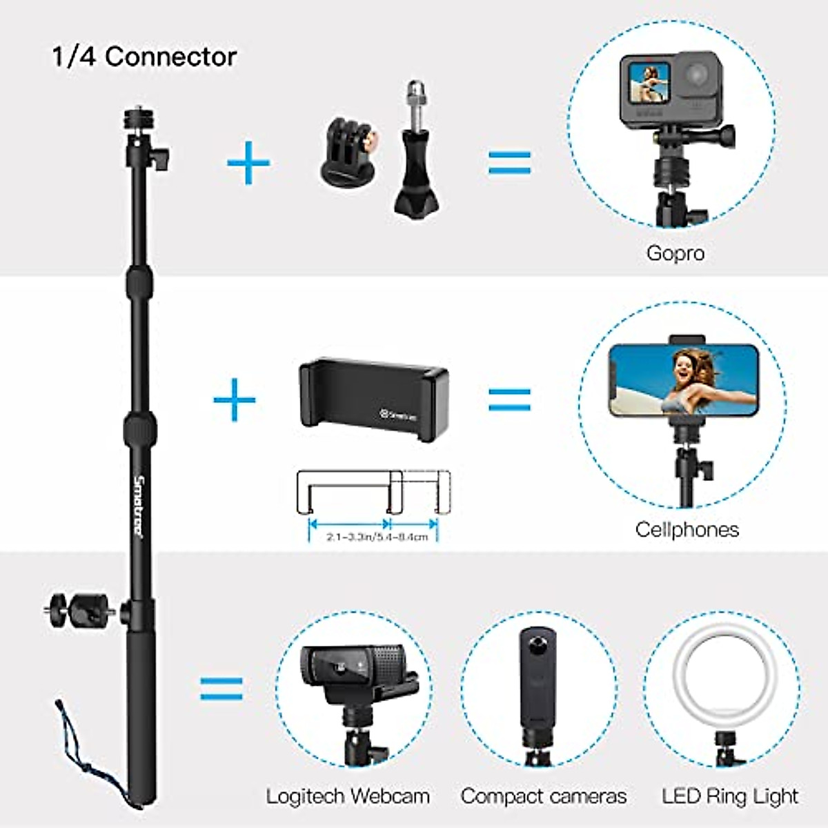Smatree DS11S Extendable Selfie Stick/Monopod Compatible for G*Pro 12/11/10/9/8/7/6/Max/Session/G*PRO 2018/Ricoh Theta S/V/DJI OSMO Action Camera/Samsung Gear360/YI 4K