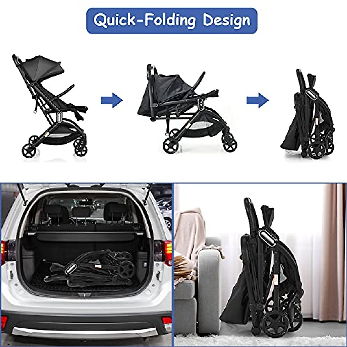 BABY JOY Lightweight Baby Stroller, Infant Stroller w/Easy One-Hand Fold, Adjustable Backrest/Footrest/Canopy, 5-Point Harness & Storage Basket, Compact Toddler Travel Stroller for Airplane (Black)