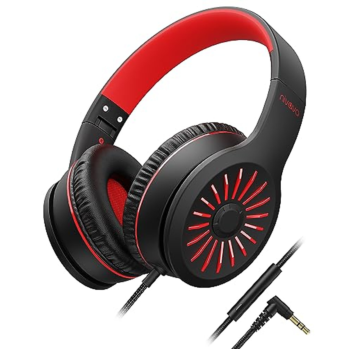 NIVAVA Wired Headphones with Microphone, K16 On-Ear Headphones for Kids with 3.5MM Jack, Foldable Stereo Bass Headphones for Teens School Amazon Kindle, Fire, Chromebook, Tablet(Black Red)