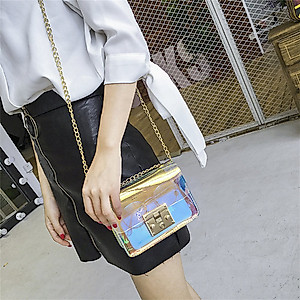 Holographic Clear Purse Crossover Shoulder Messenger Bag Laser Sling Purse with Golden Chain, Transparent