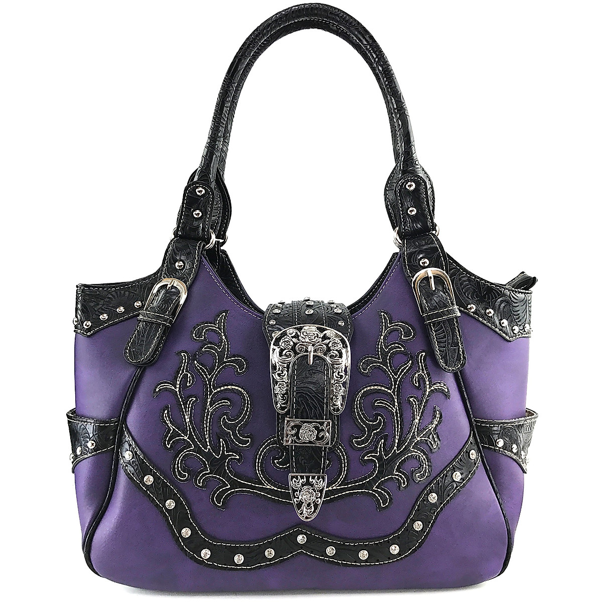Justin West Tooled Laser Cut Leather Floral Embroidery Rhinestone Buckle Studded Shoulder Concealed Carry Tote Style Handbag Purse (Purple Purse and Wallet Set)