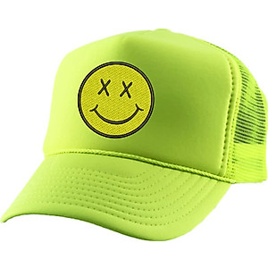 ALLNTRENDS Adult Trucker Hat Smile Face Embroidered Baseball Cap Adjustable Snapback (Neon Yellow)