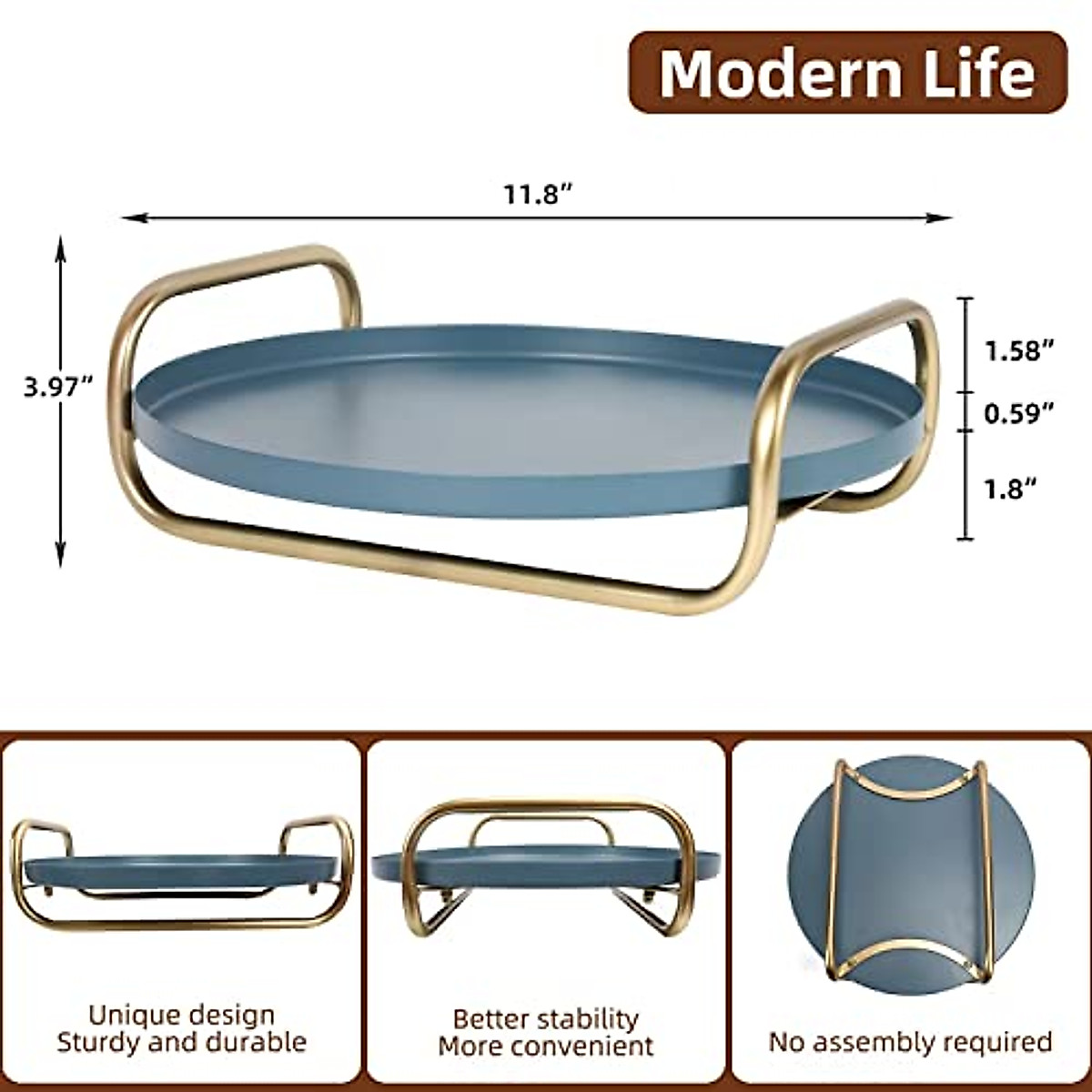 Decorative Trays, Metal Coffee Table Tray, Decorative Serving Tray with Gold Handle, Table Decor for Coffee Table, Coffee Bar, Kitchen Counter, Dining Table, Home Decor, Decorative Table