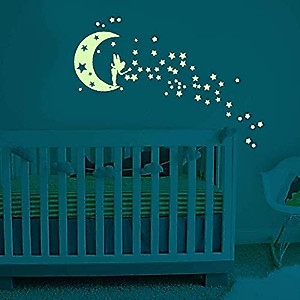 Moon Glow in The Dark Wall Stickers, Benbo Fairytale Fairy and Stars Vinyl Luminous Wall Decals for Nursery Kid's Room DIY Home Decor Mural Decoration