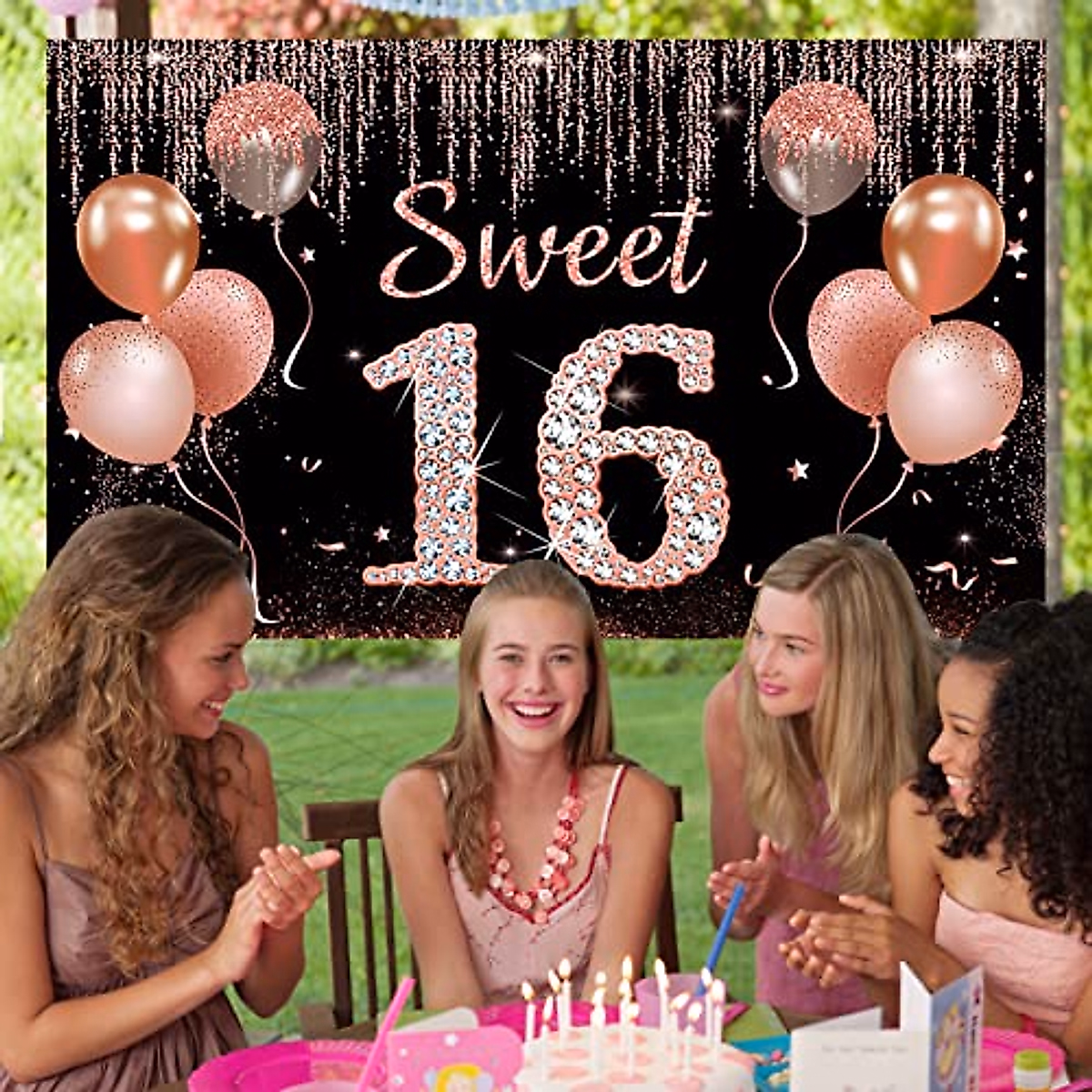 Sweet 16th Birthday Banner Decorations with Confetti Balloon Arch Garland, Rose Gold Happy 16 Birthday Backdrop Balloon Kit Party Supplies for Girls, Sixteen Year Old Bday Photo Booth Decor