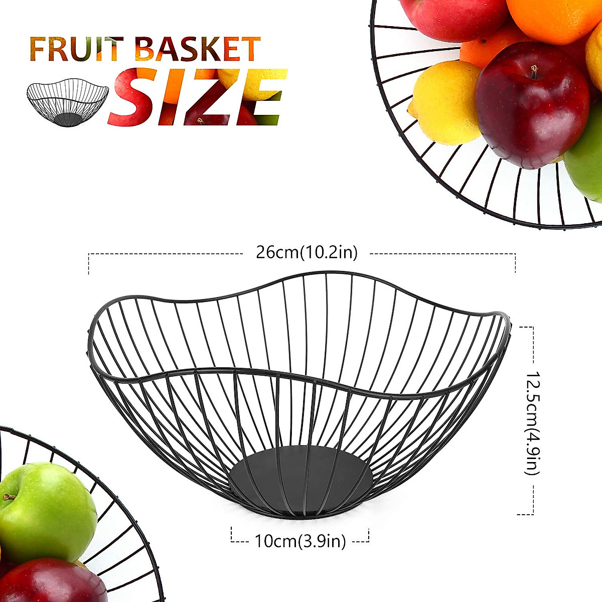 Fruit Bowl for Kitchen Counter, Modern Metal Wire Vegetable Basket for Bread and Snacks, Decorative Fruits and Veggie Storage Holder for Countertop, Table, Centerpiece (Black)