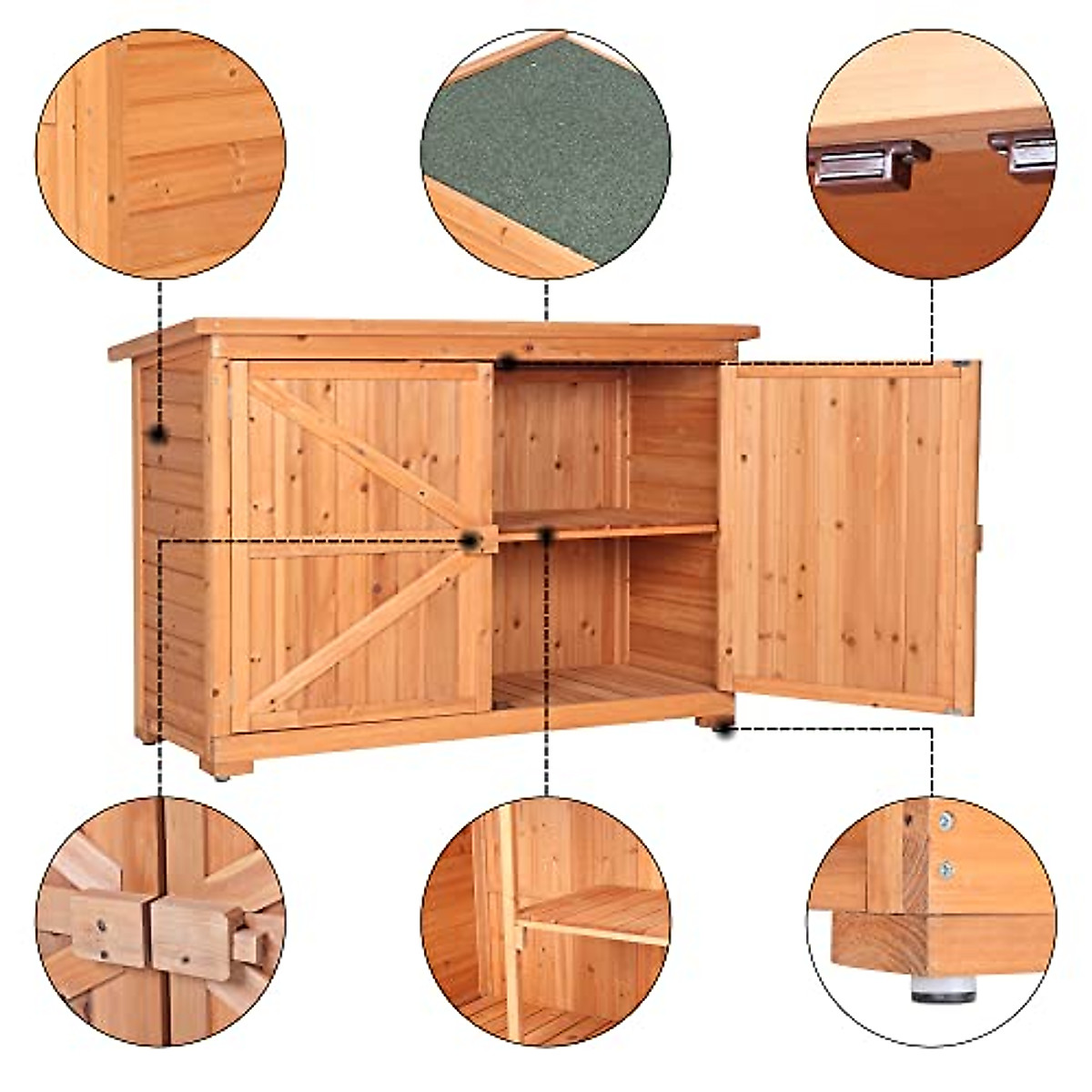 Double Doors Fir Wooden Garden Yard Shed Lockers Outdoor Storage Cabinet Unit Orange Red