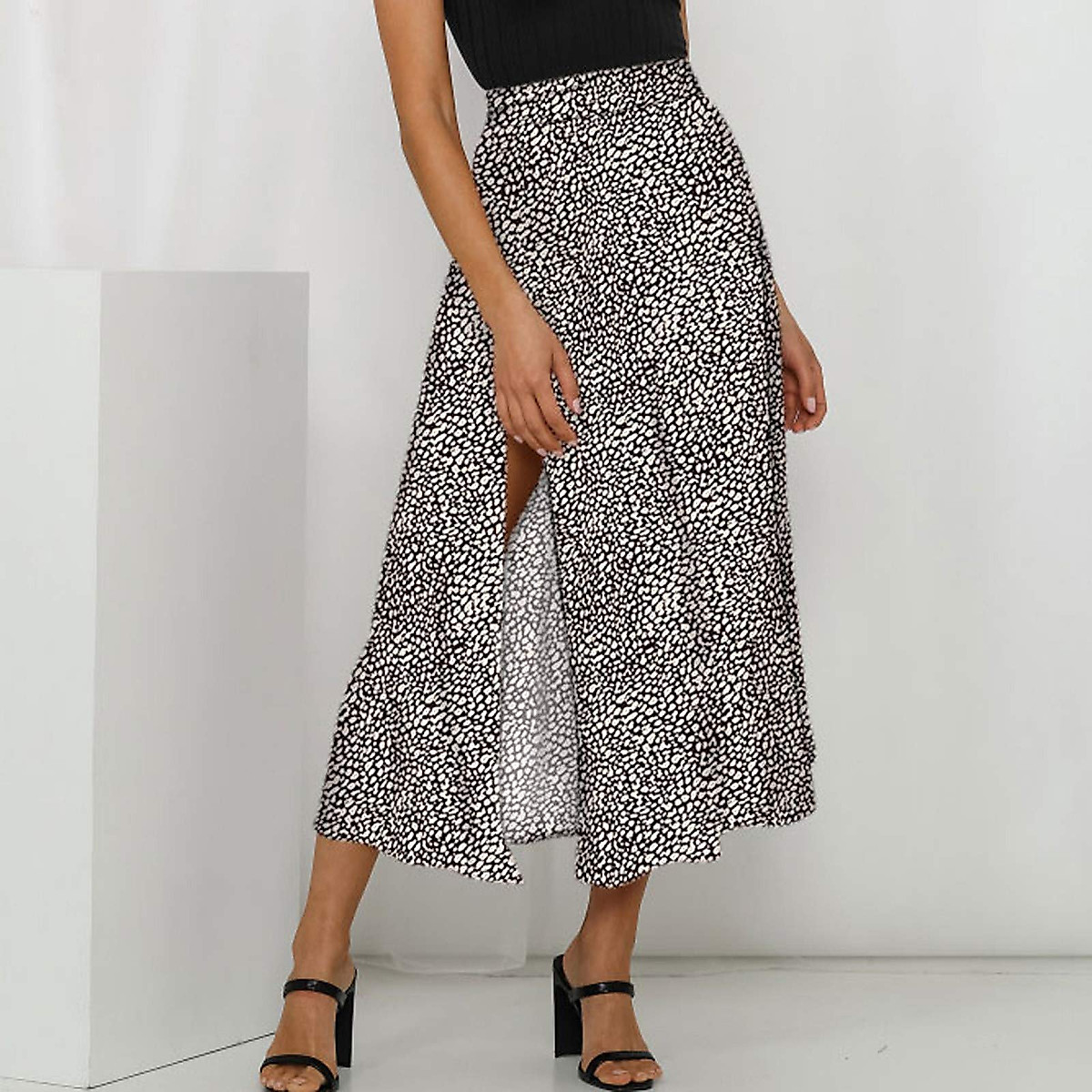 Bravetoshop Womens Boho Leopard High Waist Flowy Midi Skirt High Low Side Split Wrap Maxi Skirt (Black,M)