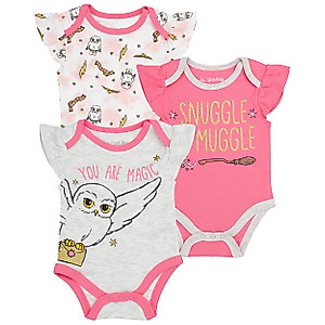 Harry Potter Baby Girls Bodysuit One Piece Three Pack Gifts for Baby Girls (Pink Multi, 0-3 Months)