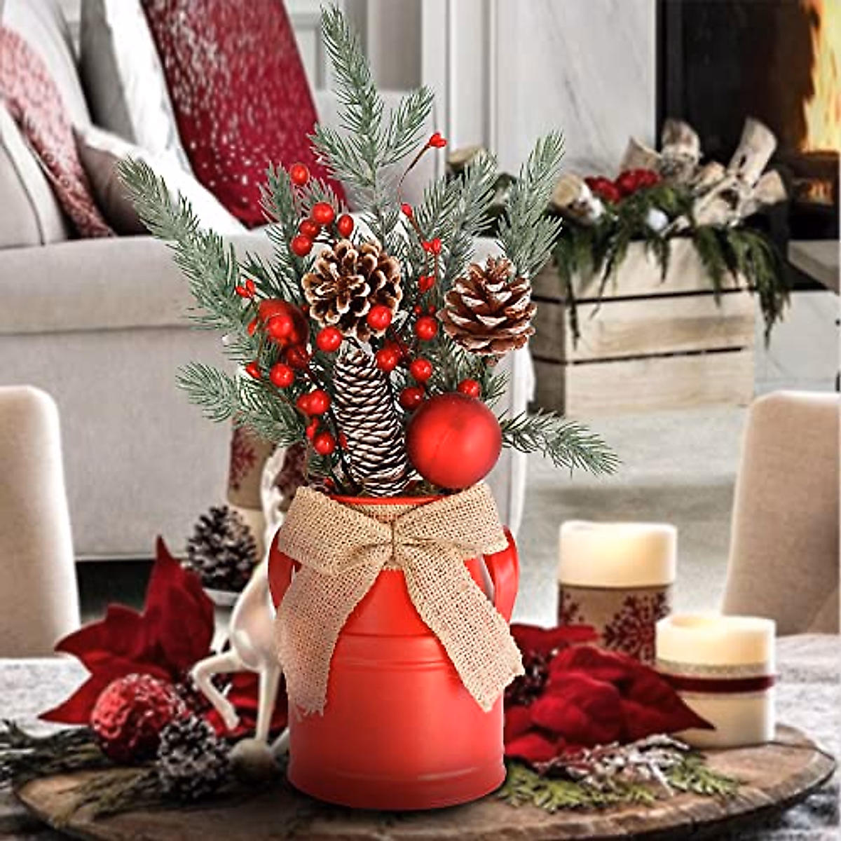 Qingbei Rina Artificial Christmas Centerpiece Decoration,Mini Red Christmas Tree Potted Plants,Holiday Table Fake Greenery with Christmas Ball, Pine, Berry for Home,Office, Window, Fireplace