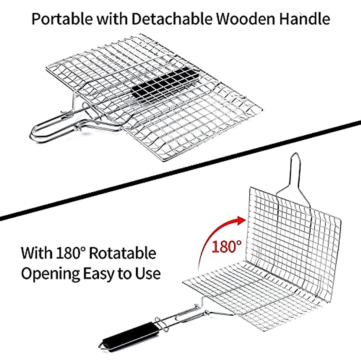 Vastector Grilling Basket, Folding Portable Outdoor Camping Stainless Steel BBQ Rack with Removable Handle for Shrimp, Steaks, Burgers, Hot Dogs, Barbeque Griller Cooking Tool