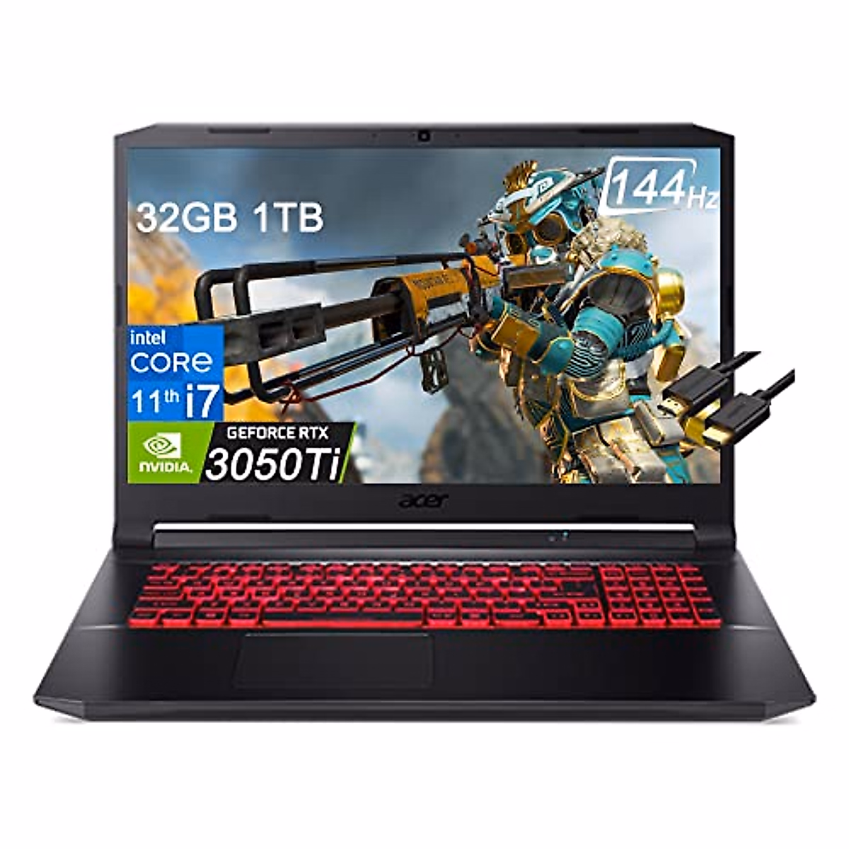 2022 Acer Nitro 5 (17.3" FHD 144Hz, Intel i7-11800H, 32GB RAM, 1TB PCle SSD, GeForce RTX 3050Ti 4GB) Backlit Gaming Laptop, Webcam, Killer WiFi 6, Ray Tracing, IST Cable, Windows 11 Home (Renewed)