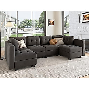 HONBAY Modular Sectional Sofa Velvet U Shaped Couch with Double Chaises 6 Seater Sectional Sofa with Storage, Grey