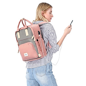 LOVEVOOK School Backpack for Women Cute College Backpack Waterproof Laptop Bookbag with USB Charging Port Vintage Bag 15.6 inch,Pink