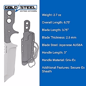 Cold Steel Mini Tac Tanto 3.75" AUS8A Razor-Sharp Plain Blade 3" Griv-Ex Handle Tactical Fixed Blade Neck Knife w/Secure-Ex Sheath