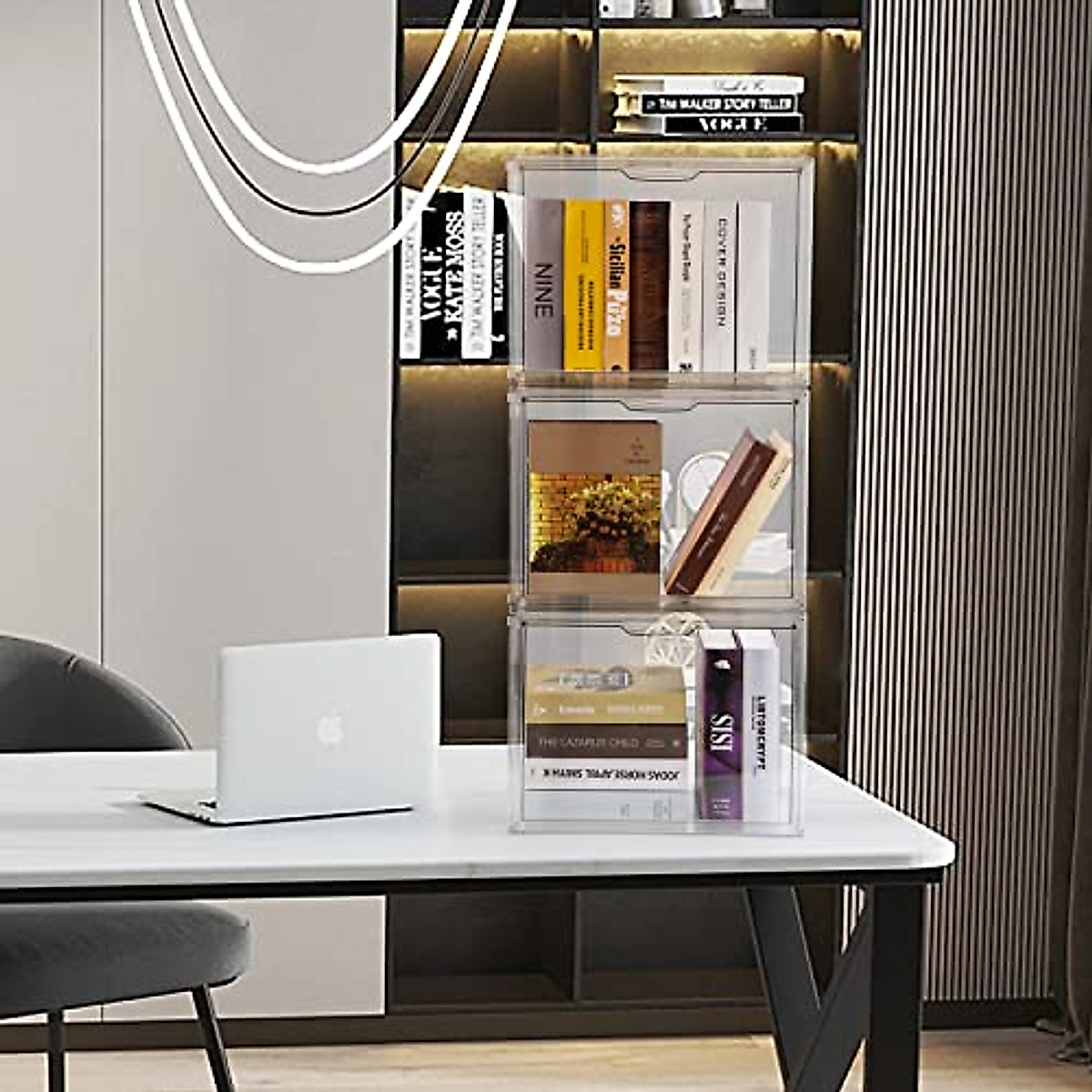 BOHOIDEE Clear Book Storage Organizer for Bookshelf, Plastic Stackable Book Display Case with Magnetic Door, Acrylic Showcase for Toys Handbags, Shoes, Purses