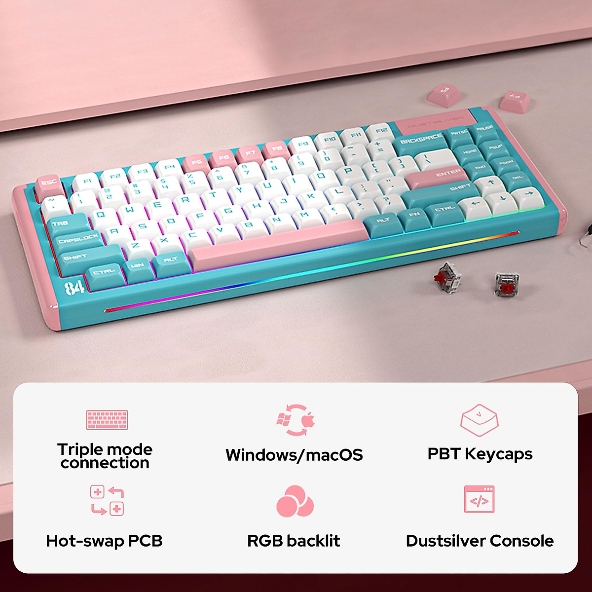 DUSTSILVER D84 Wireless 75% Cute Mechanical Keyboard with RGB, Hot Swappable, Bluetooth/2.4G/Type-C Connection, Gateron Red Switches for Smooth Typing