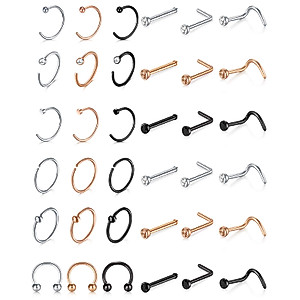 D.Bella 18g Nose Rings Studs L-Shaped Nose Studs Screw Stainless Steel Nose Rigns Piercing Jewelry Set 36pcs