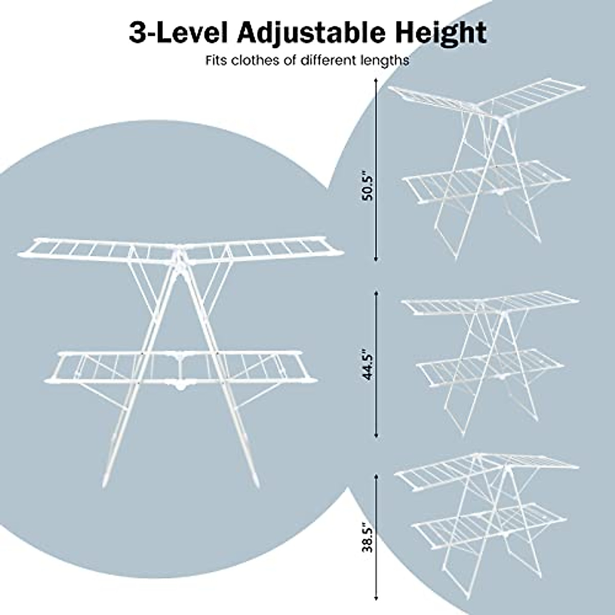 COSTWAY Clothes Drying Rack, 2-Tier Folding Dryer Racks w/Height-Adjustable Wings, 28 Drying Rails, No Assembly, Collapsible Laundry Hanger for Indoor & Outdoor Use, White