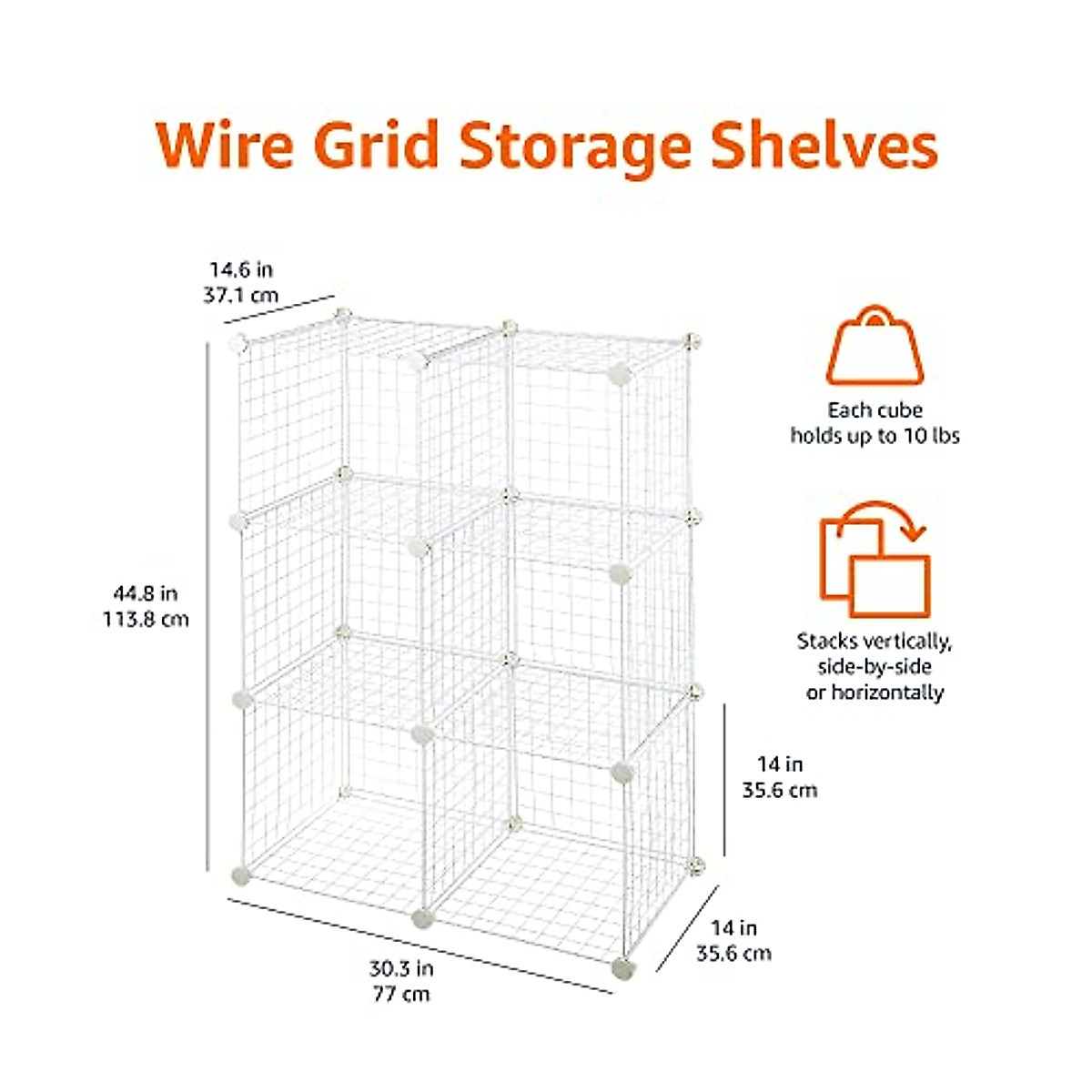 Amazon Basics 6 Cube Wire Grid Storage Shelves, Stackable Cubes, White, 14.6" D x 30.3" W x 44.8" H