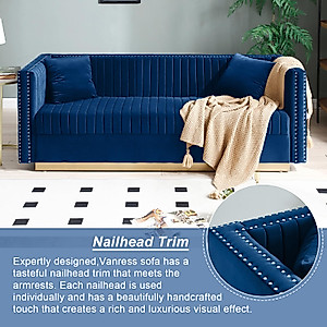 Vanress 78" Velvet Upholstered Sofa,Modern Tufted Couch 3 Seater,Square Arm, with Nailhead Trim and 2 Pillows for Living Room, Office (Blue)