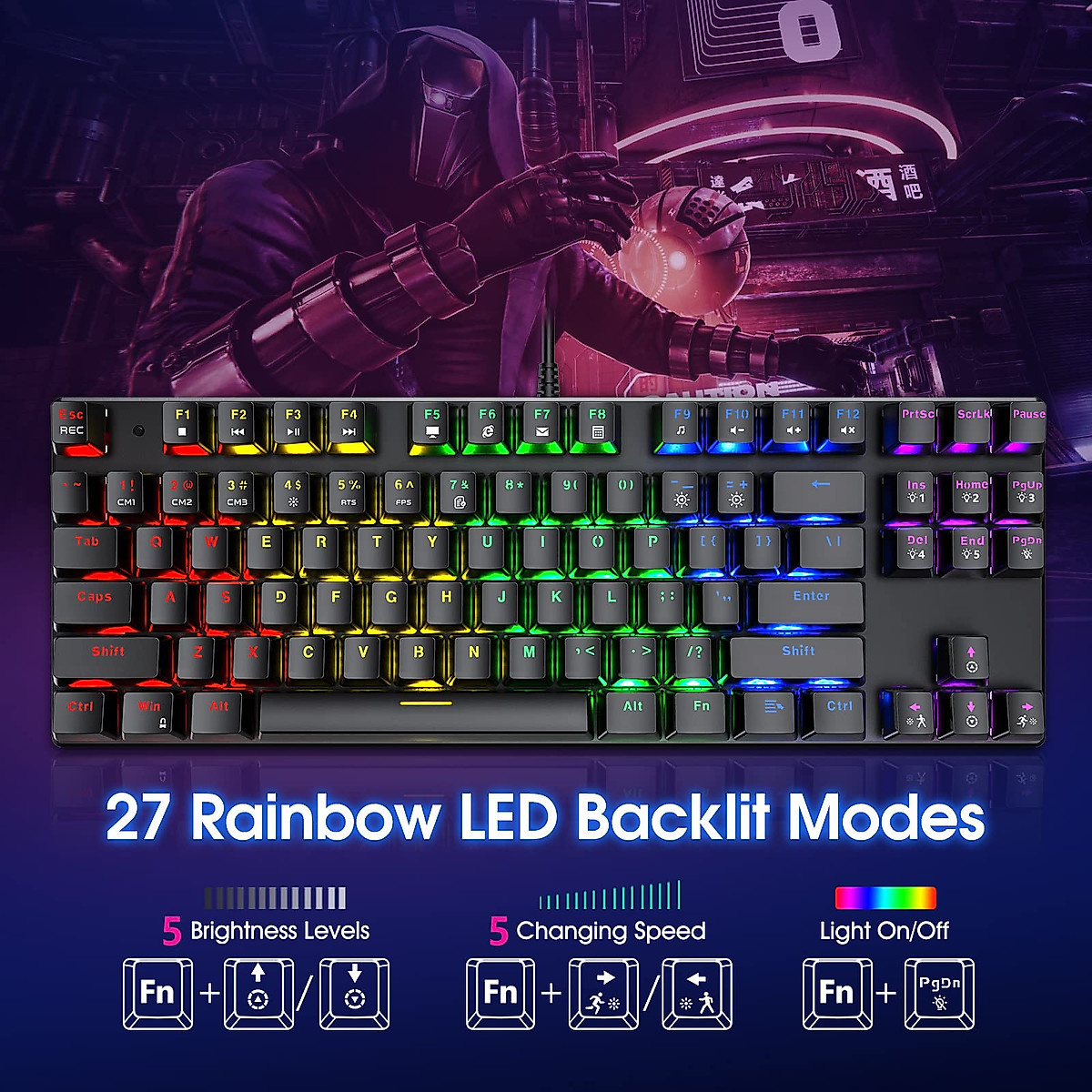 Mechanical Gaming Keyboard, Customizable Rainbow LED Backlit USB Wired Keyboard with Small Size/87 Keys/Multiple Colors/Detachable Keycaps/Spill Resistant,Ergonomic Keyboard for Windows