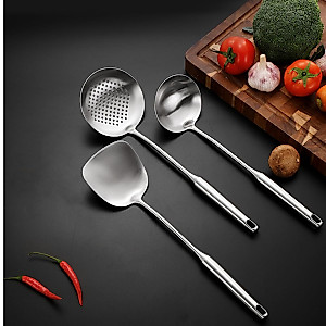 Stainless Steel Wok Spatula, Wok Utensils for Carbon Steel, Wok Tools Professional Set, 3-Pieces 304 Stainless Steel Cooking Utensils All Metal