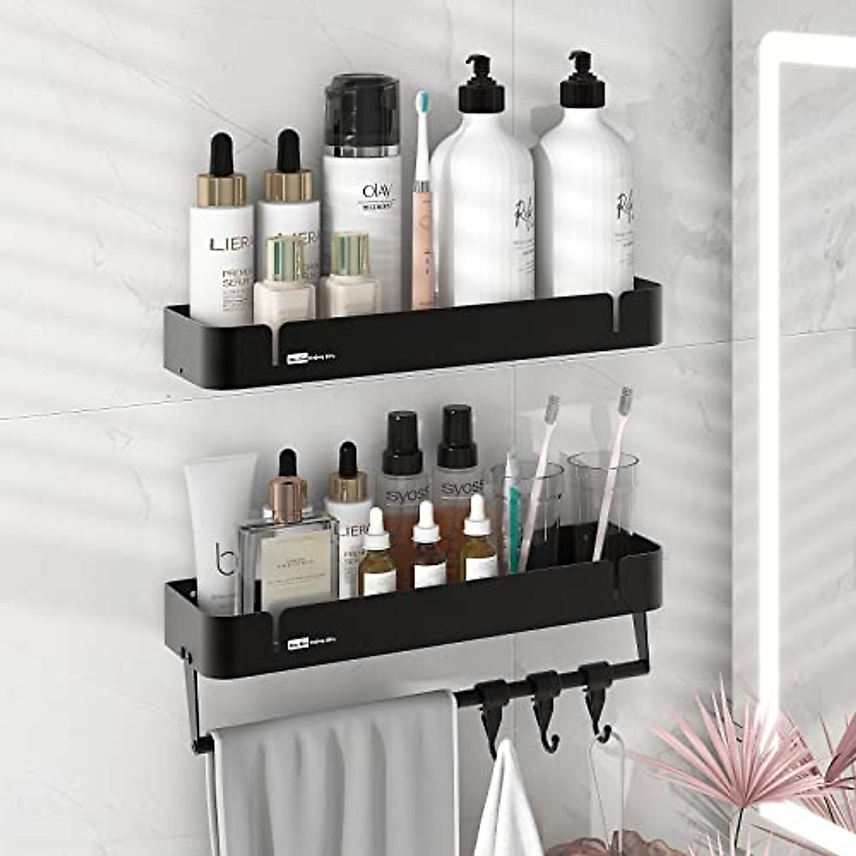 RCHYFEED 15.6”Shower Caddy with Towel Bar, Shower Organizer Adhesive,Metal Rustproof Bathroom Shower Shelf Rack with Hook, Drilling-Free Self Adhesive Storage Shelf for Bathroom & Kitchen(Black)