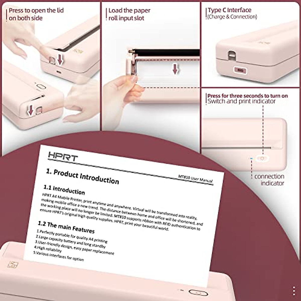 HPRT Portable Printers Wireless for Travel - MT810 Bluetooth Thermal Inkless Compact Printer, Paper Rolls Mobile Printing for Vehicles Office, Compatible with iPhone Android & Laptop